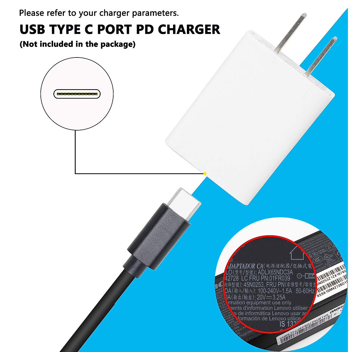 CERRXIAN 65W PD USB Type C Female Input to DC 7.4mm x 5.0mm Male (7.4mm x 0.6mm) Power Charging Cable for E6420 E6430 E6430s E6430U E6440 E6500 E6510 6430U E6440 E6500 E6510(7406a)