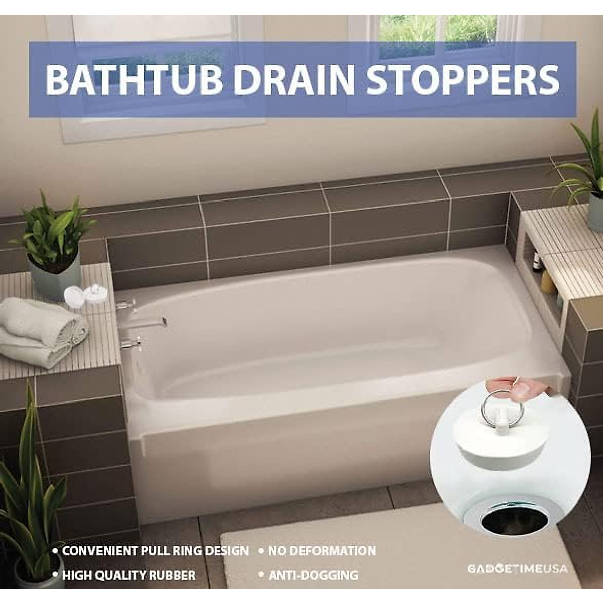 Gadgetime USA 5 Pieces Bathtub Stopper - Five Sizes - Pool Plugs - Shower Rubber Drain for Kitchen, Bathtub, Sink, Pool & Laundry