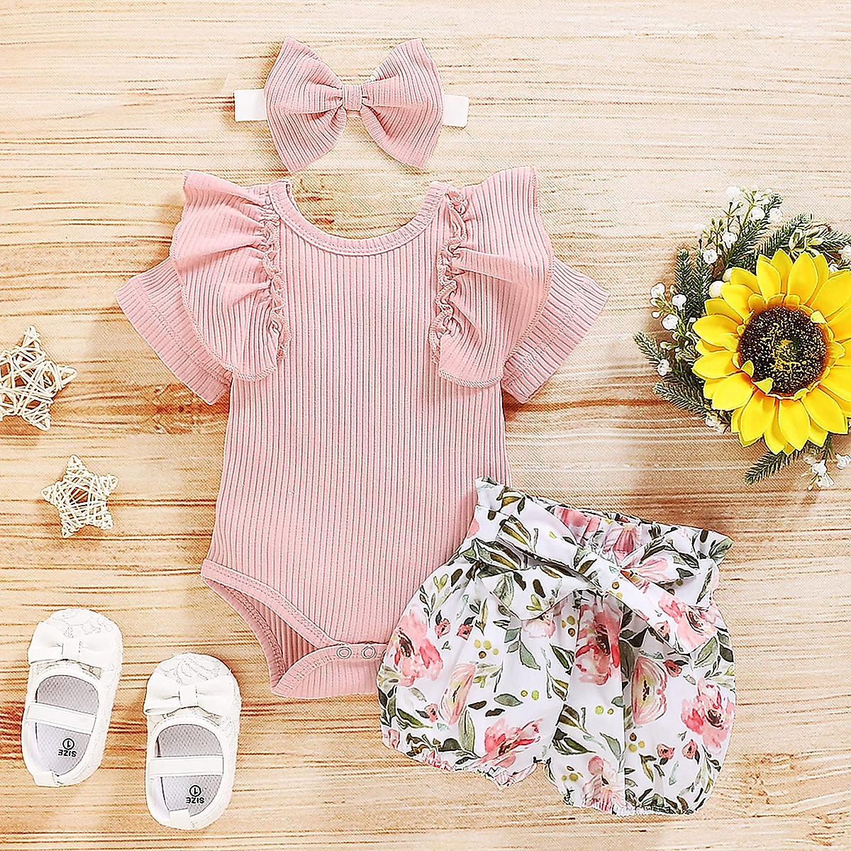 Dimoybabe Newborn Baby Girl Clothes Summer Infant Outfit Cute Ruffle Romper Short Set Solid Pink 3-6 Months 80cm