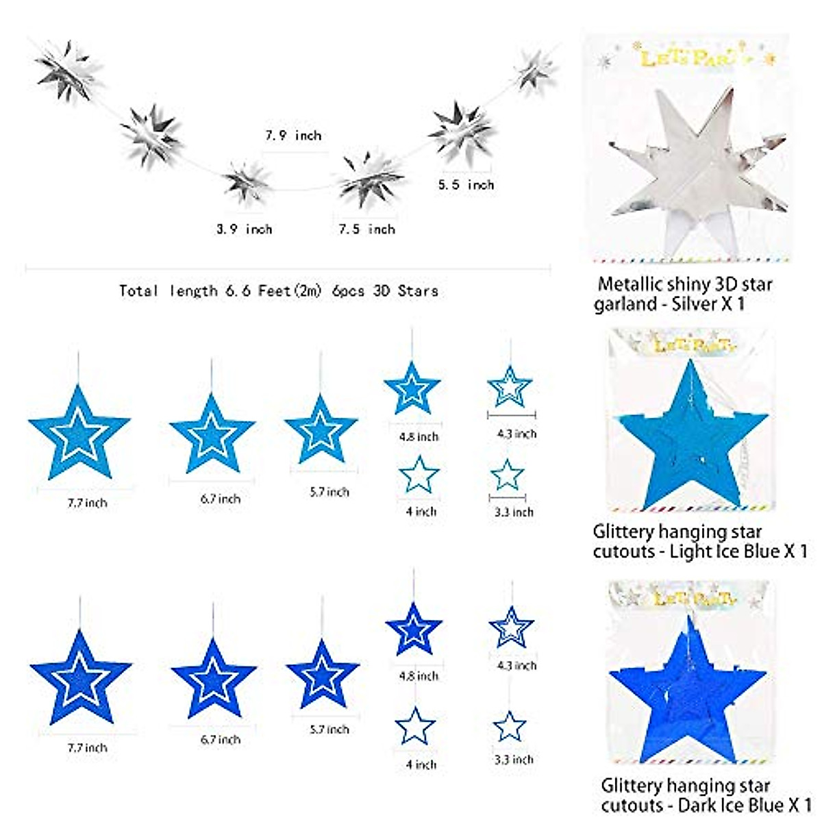 Decor365 Blue Silver Star Party Decoration Kit Metallic Glitter 3D Star Garland Twinkle Little Star Cutouts Starry Party Supplies Hanging Decor for Birthday Baby Shower Graduation Wedding Ramadan