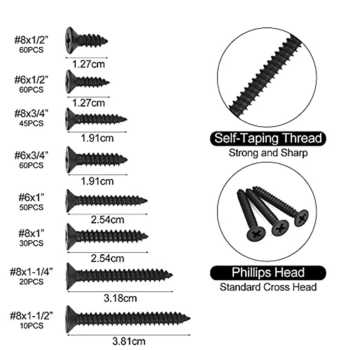 VIGRUE 310 Pcs #6 1/2'' to 1'' #8 1/2'' to 1-1/2'' Wood Screws Black Oxide Coated Stainless Steel Flat Head Phillips Drywall Screw Assortment Kit, Self Tapping Screws Kit in 8 Sizes