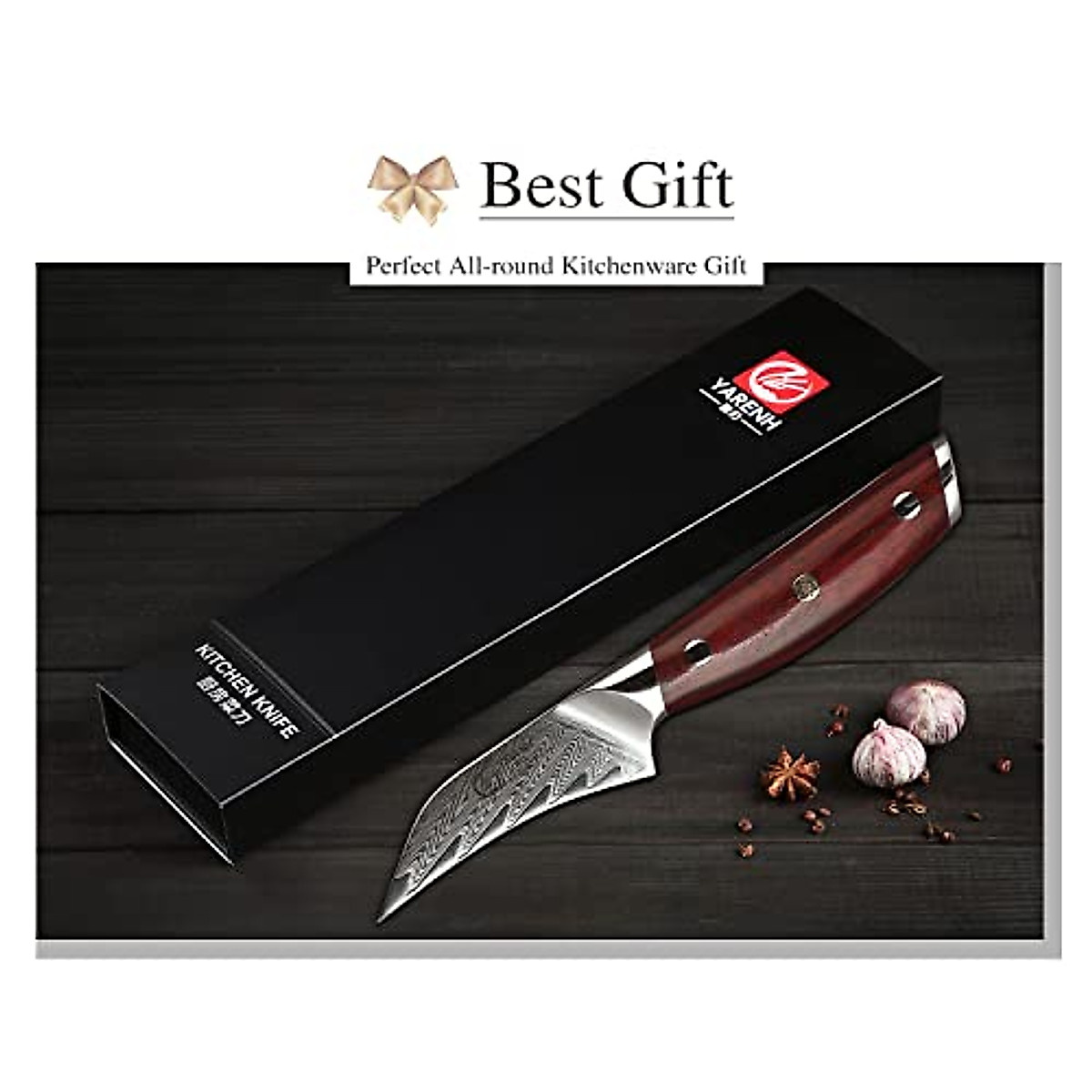 YARENH Bird's Beak Paring Knife - 67-Layer Damascus Steel - Super Sharp Blade for Peeling Fruit - African Sandalwood Handle