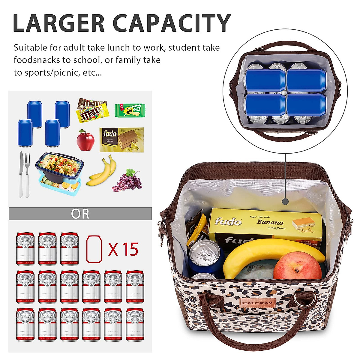 BALORAY Lunch Bag for Women Men, Large Adult Insulated Lunch Box for Office Work School Picnic Beach, Leakproof Lunch Cooler Tote Bag with Adjustable Shoulder Strap (Leopard)