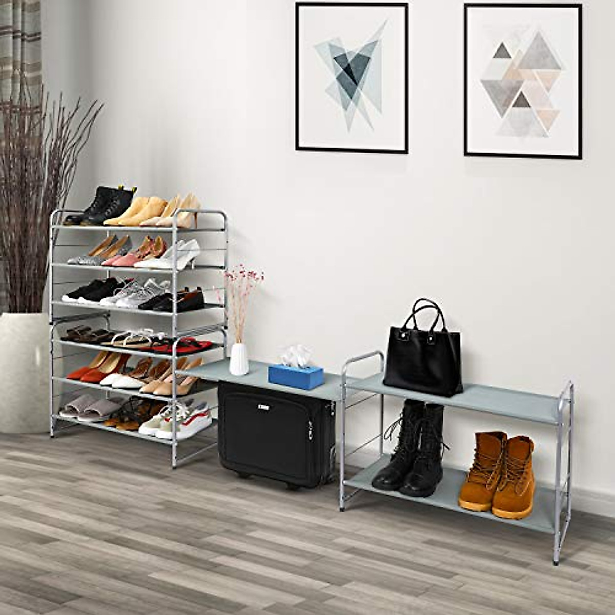 Simple Trending 3-Tier Stackable Shoe Rack, Expandable & Adjustable Fabric Shoe Shelf Storage Organizer,Silver
