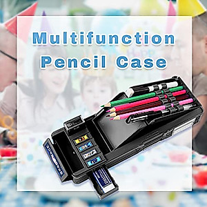 Pop Up Multifunction Pencil Case for Boys(NO LOCK), Cute Cartoon Pen Box Organizer Stationery with Sharpener, Schedule, Whiteboard, School Supplies, Best Birthday Gifts for Kids Teens-Black