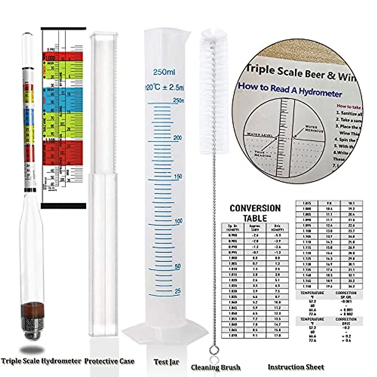 Specific Gravity Hydrometer Beer Hydrometer Alcohol Meter Alcohol Measuring Tools with 250 ml Plastic Cylinder Cleaning Brush Wine Hydrometer Test Jar for Wine, Beer