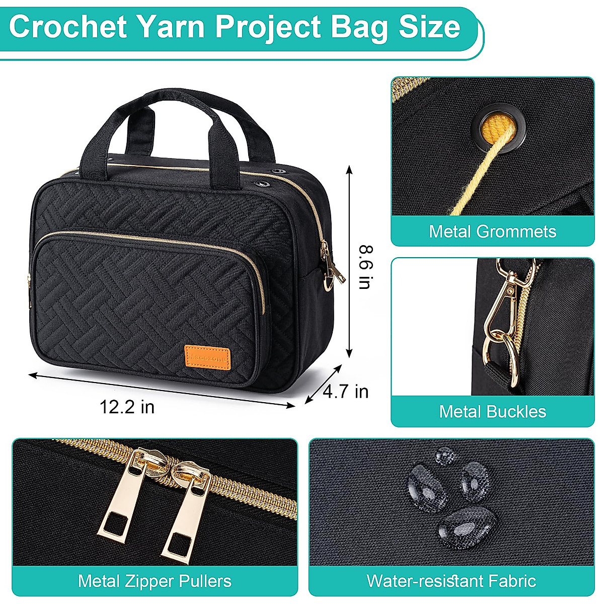 Mecozone Crochet Bag for Crochet Accessories, Yarn Bag Crocheting Yarn Project Bag for Womens & Girls On the Go, Crochet Gifts for Crocheters, Black