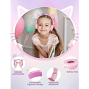 SIMJAR Dinosaur & Cat Ear Kids Headphones with Microphone for School, Volume Limiter 85/94dB, Wired Girls Headphones with Foldable Design for Online Learning/Travel/Tablet/iPad