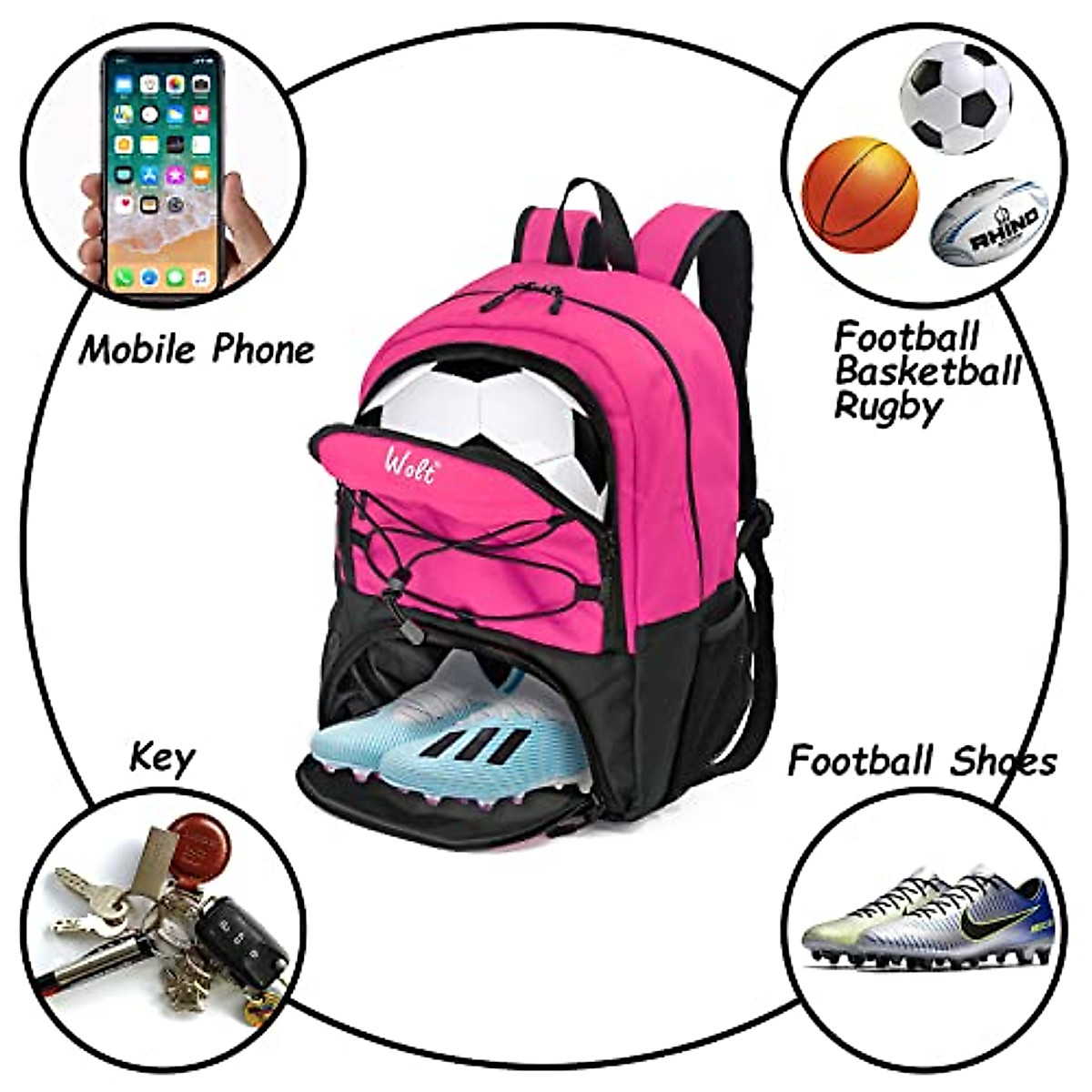 WOLT | Youth Soccer Bag - Soccer Backpack & Bags for Basketball, Volleyball & Football Sports, Includes Separate Cleat Shoe and Ball Compartment, for Girls & Women (Pink)