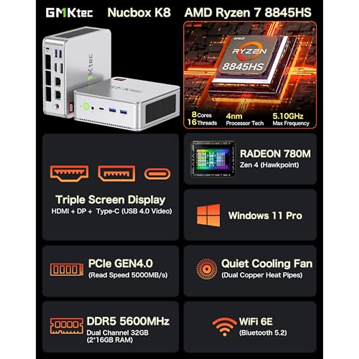 GMKtec K8 Gaming Mini PC Dual LAN 2.5Gbps AMD Ryzen 7 8845HS Desktop Computer, 16GB DDR5 Dual Channel (8GB*2) 512GB PCIe4.0 SSD, USB4.0, HDMI, DP, USB-C, WiFi 6E, BT 5.2
