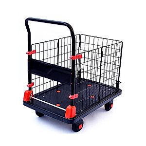 Folding Platform Carts with Wheels,Folding Mesh Cage cart with Detachable Collapsible Fence,Portable Handling Platform Dolly Cart for Luggage,Material Transport Truck ,Load 330LB