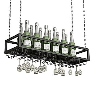 DASHADAO Hanging Wine Glass Rack-Black Wine Rack Home Wine Bottle Racks Ceiling Wall-Mounted Storage Shelf with Hanging Stemware Champagne Glasses Holder Metal Bar Unit Floating Shelves HOM