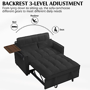 SPOWAY 3 in 1 Sleeper Sofa Couch Bed, Modern Velvet Convertible Sofa Bed with Adjustable Backrest & 2 Pillows, Hidden Side Table, Pull-Out Sofa Bed for Living Room Bedroom, Black