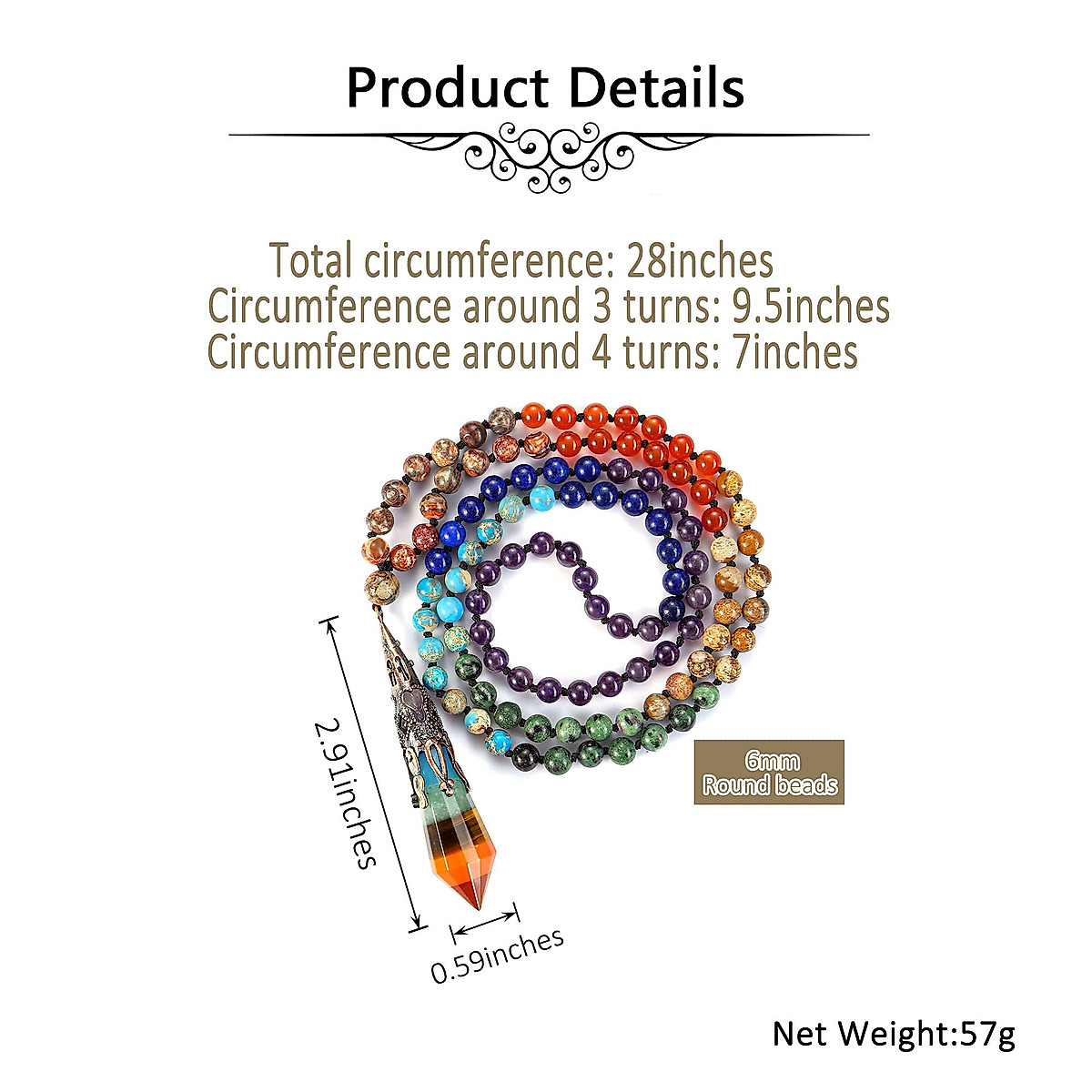 Jovivi 108 Mala Beads Bracelet Real Stones 7 Chakra Healing Crystals Necklace with 12 Facted Prism Pointed Pendant Reiki Energy Balancing Prayer Mala Beads for Meditation