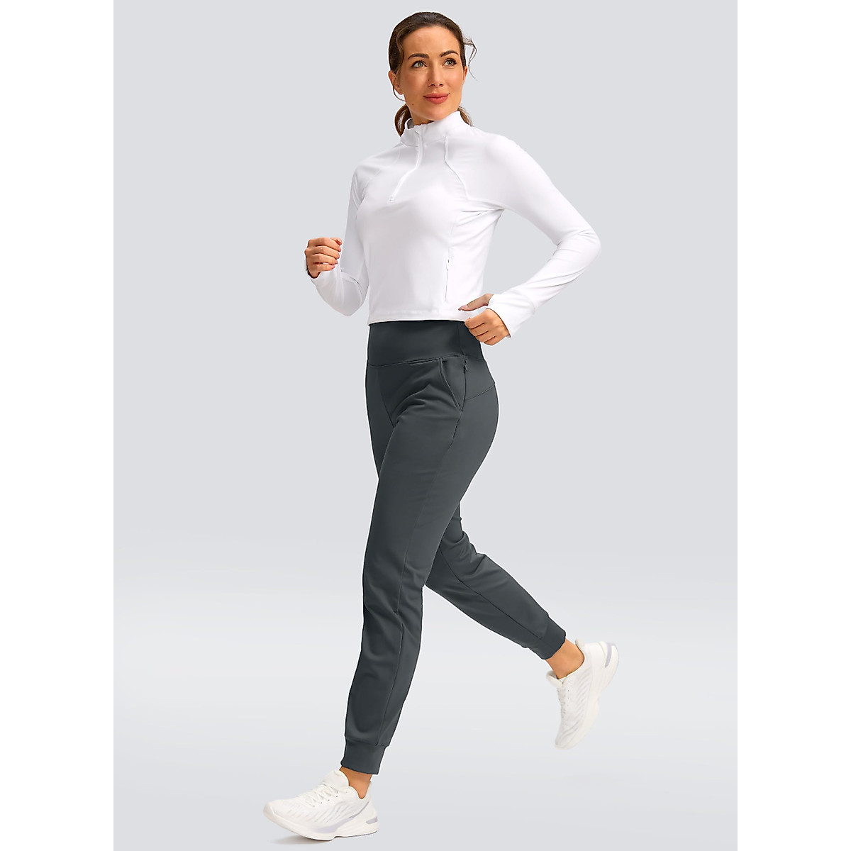 SANTINY Women's Fleece Lined Joggers Water Resistant High Waisted Thermal Sweatpants Winter Pants Hiking Running Pockets(Dark Grey_L)