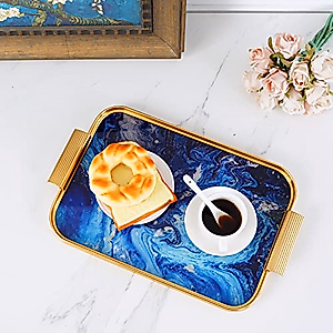 Dalimfun Glass Decorative Tray, Blue Marbling Serving Tray with Handles, Rectangular Coffee Table Tray, Decor Tray for Ottoman, Bar, Vanty, Makeup Perfume Organizer, 15.6 X 10 Inch