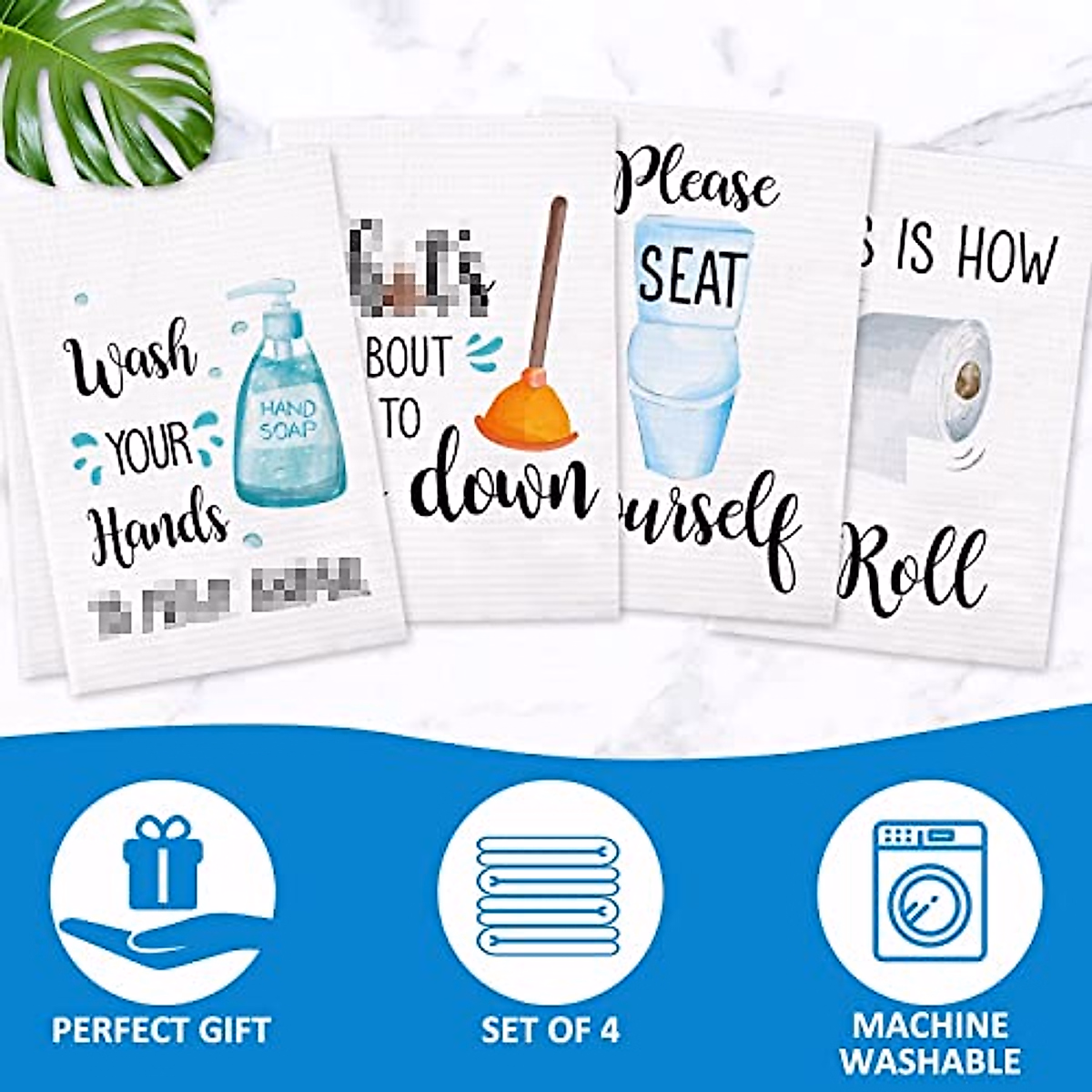 Vansolinne Funny Bathroom Hand Towels with Hanging Loop (4 Packs), 24''x18'' Absorbent Waffle Weave Towels with Humorous Words & Pattern, Cool Guest Hand Towels Funny Bath Decor Nice Bathroom Gifts