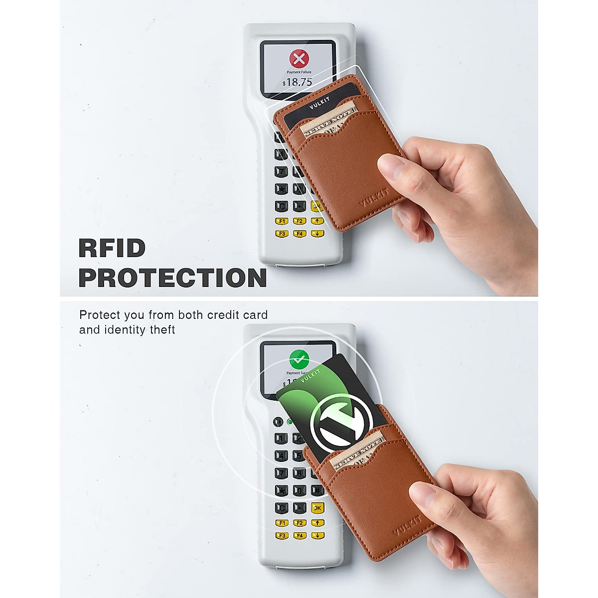 VULKIT Phone Card Holder Slim Leather Adhesive Pocket RFID Blocking Credit Card Sleeves Sticker for Back of Smartphone(Brown)