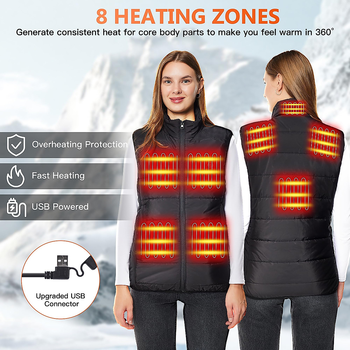 KSFJZF Women Heated Vest with 10000mAh Power Bank - Stand Collar Sleeveless Jacket Winter Coat Heating Vest for Women, 8 Heating Zones, 3 Heating Temperature, 2.5h Auto Shut-off (S)