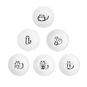 Cute Cat Ceramic Side Sauce Dishes Mini Heart shape Seasoning Dish, Sushi Soy Dipping Bowl,Serving Saucers Dishe,Meow Porcelain Small Tea Bag Holder Set of 6 (Round)