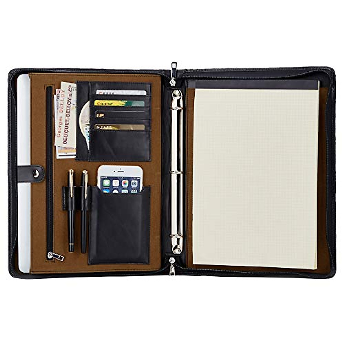 AZXCG Handmade Genuine Leather 3 Ring Binder Portfolio Folder with Zipper for 13.3” Tablet/Laptop,Professional Leather Binder with Letter Size Notepad (Non-Custom, Black-Oil)