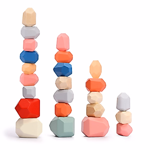 Oucles 36PCS Natural Wooden Stacking Balancing Stones Rocks for Toddlers Colorful Kids Preschool Learning Building Blocks Toys Educational Puzzle Game for Girls Boys 3 Years Up
