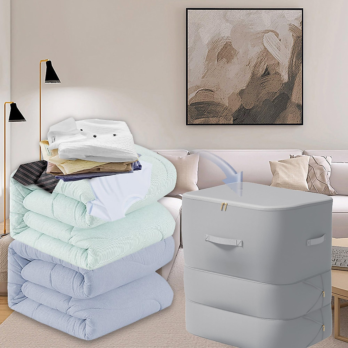 YESSZ Ultra Space Saving Self Storage Organizer,Clothing Organizer,Foldable Wardrobe Organizer,Portable Moving Bag for Clothes,Blankets,Quilts,Sheets and Pillows (Grey, XL (52 * 42 * 60CM))