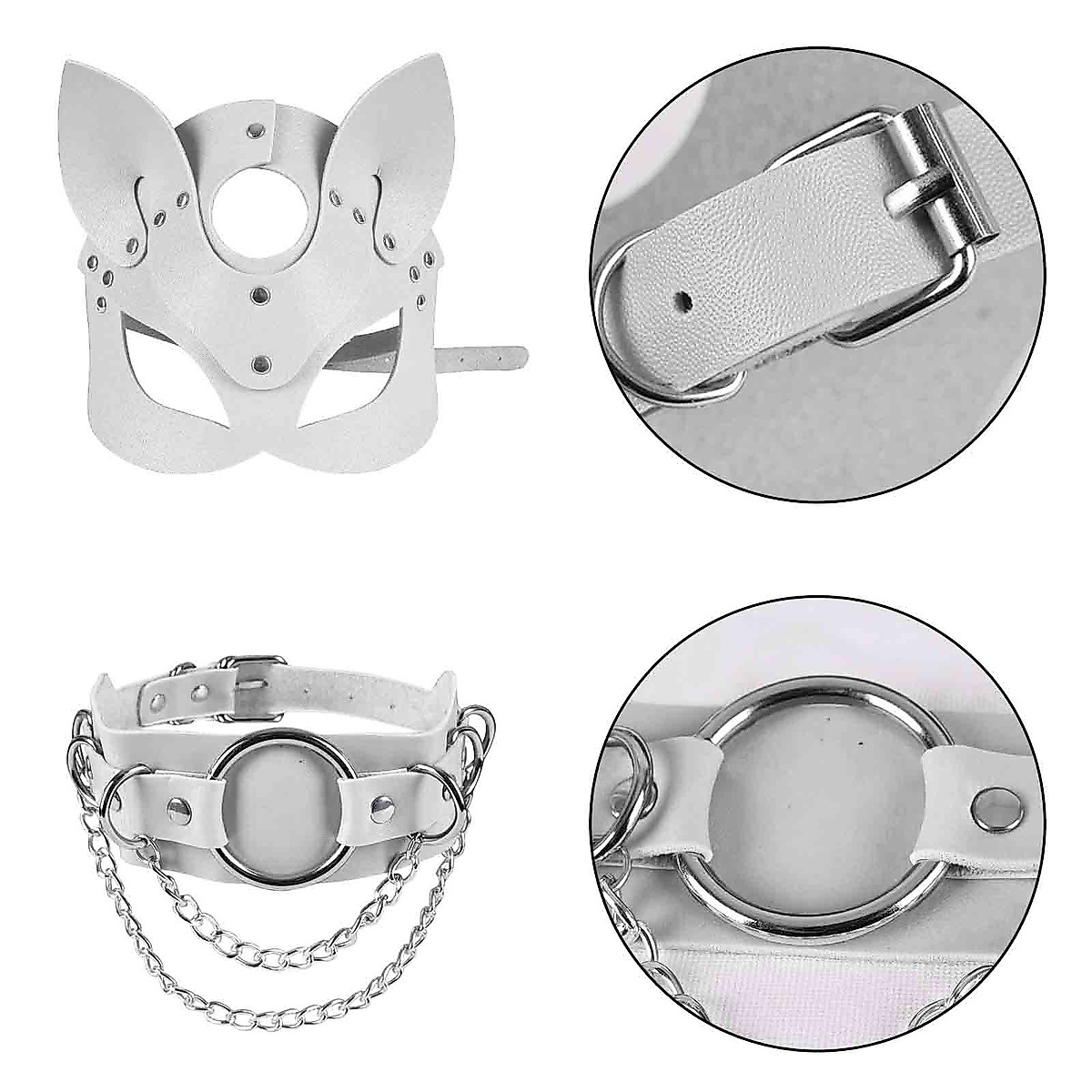 Women's Body Harness Leather Mask and Metal Chain Necklace for Masquerade Party Punk Carnival Gothic Halloween Accessories (White)