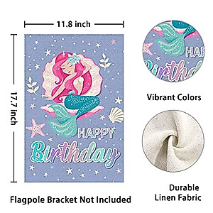 Mermaid Happy Birthday Garden Flag for Girls Birthday, Multicolour Vertical Premium Burlap Rustic Girls' Mermaid/Under the Sea Themed Birthday Celebration Yard Flag for Farmhouse Outside Outdoor Sign Double Sided, 12" x 18"