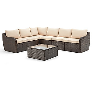 HOMREST 7 Piece Patio Furniture Set, PE Rattan Sectional Sofa, High Back Outdoor Furniture Set, Wicker Patio Conversation Set with Cushion and Glass Table for Garden, Backyard, Poolside(Khaki+Red)