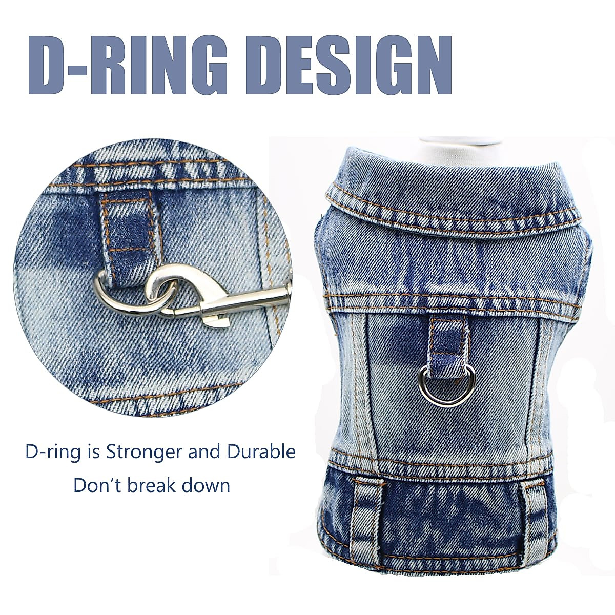 Dog Jeans Jacket Cool Blue Denim Coat for Small Medium Girl Boy Dogs Puppy Clothes Comfort Lapel Harness Vest with D-Ring for Leash