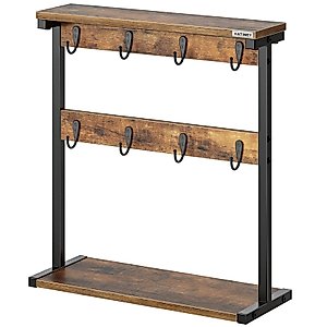YATINEY Coffee Mug Holder for Counter, 2 Tier Mug Tree Rack, with 8 Hook and 2 Open Shelves, Vintage Mug Holder Stand for Home Kitchen, Rustic Brown MH43BR