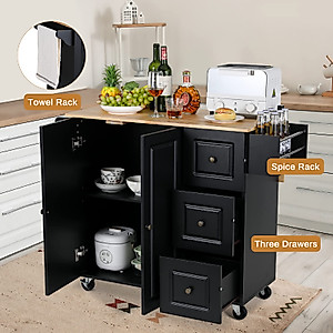 Kitchen Island with Storage,Kitchen Island on Wheels,Island Table for Kitchen,Rolling Kitchen Island,Kitchen Island Cart with Spice Rack, Towel Rack & Drawer, Expandable Top Large Kitchen Trolley Cart