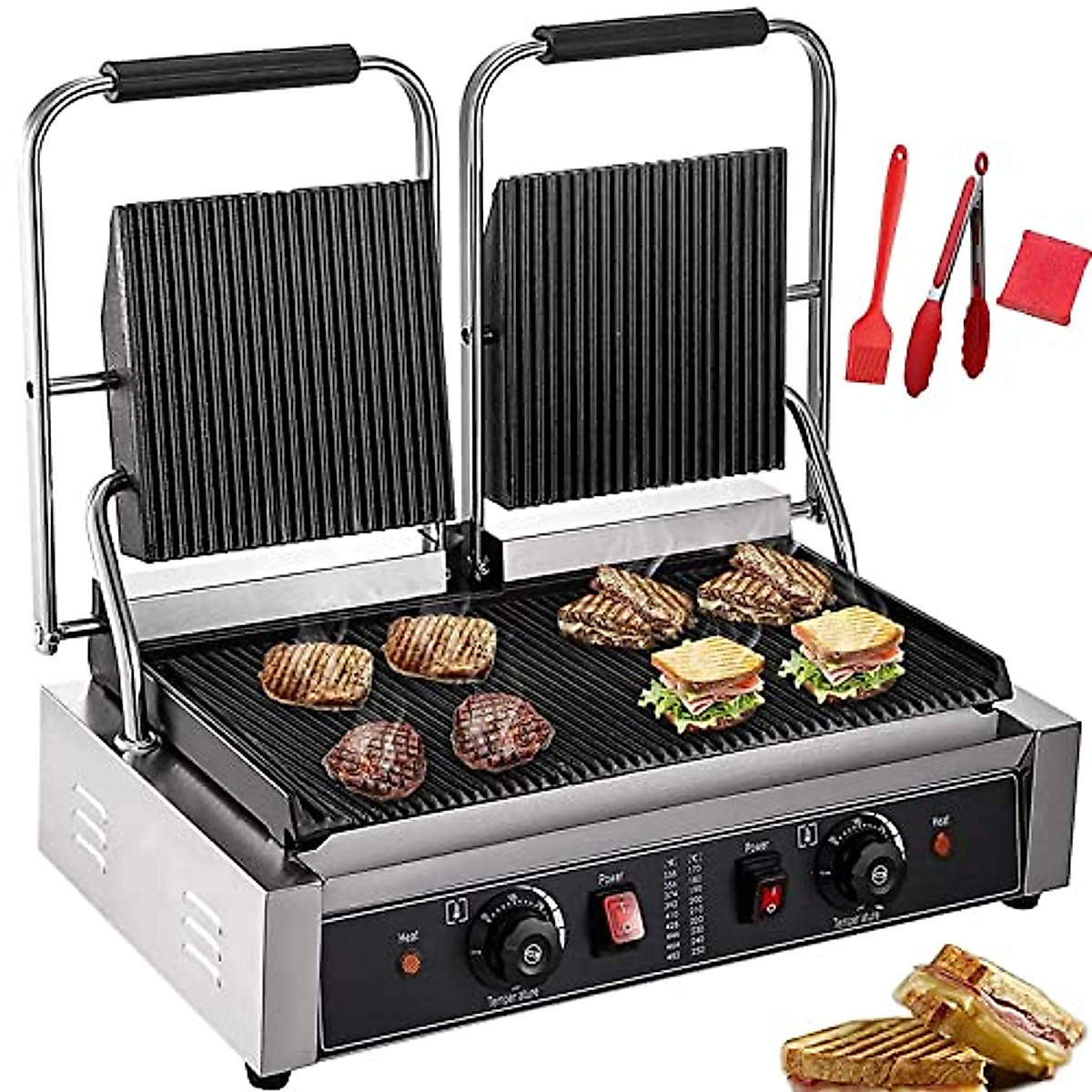 Panghuhu88 110V 3600W Commercial Sandwich Panini Press, Commercial Double Panini Presser Non-Stick Full Grooved Plates 122°F-572°F Temp Control for Hamburgers Steaks Bacons,22.8" x 14.4"