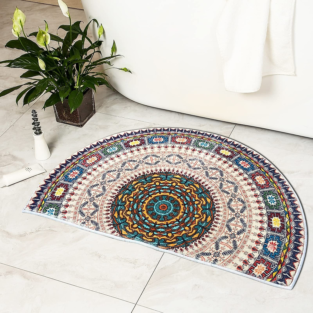 YHNUJMIK Half Round Kitchen Anti-Slip Bath Rug Kitchen Floor Mat Indoor Entrance Room Door Mat Boho Art Pattern Rug Suitable for Kitchen, Living Room, Bedroom, Bohemian Bathroom Doorway
