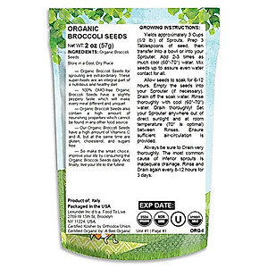Organic Broccoli Seeds for Sprouting, 2 Ounces – Non-GMO, Vegan, Kosher, Sirtfood, Bulk. Rich in Sulforaphane, Vitamin C. Grow Sprouts, Microgreens for Salads, and Sandwiches. High Germination Rate.