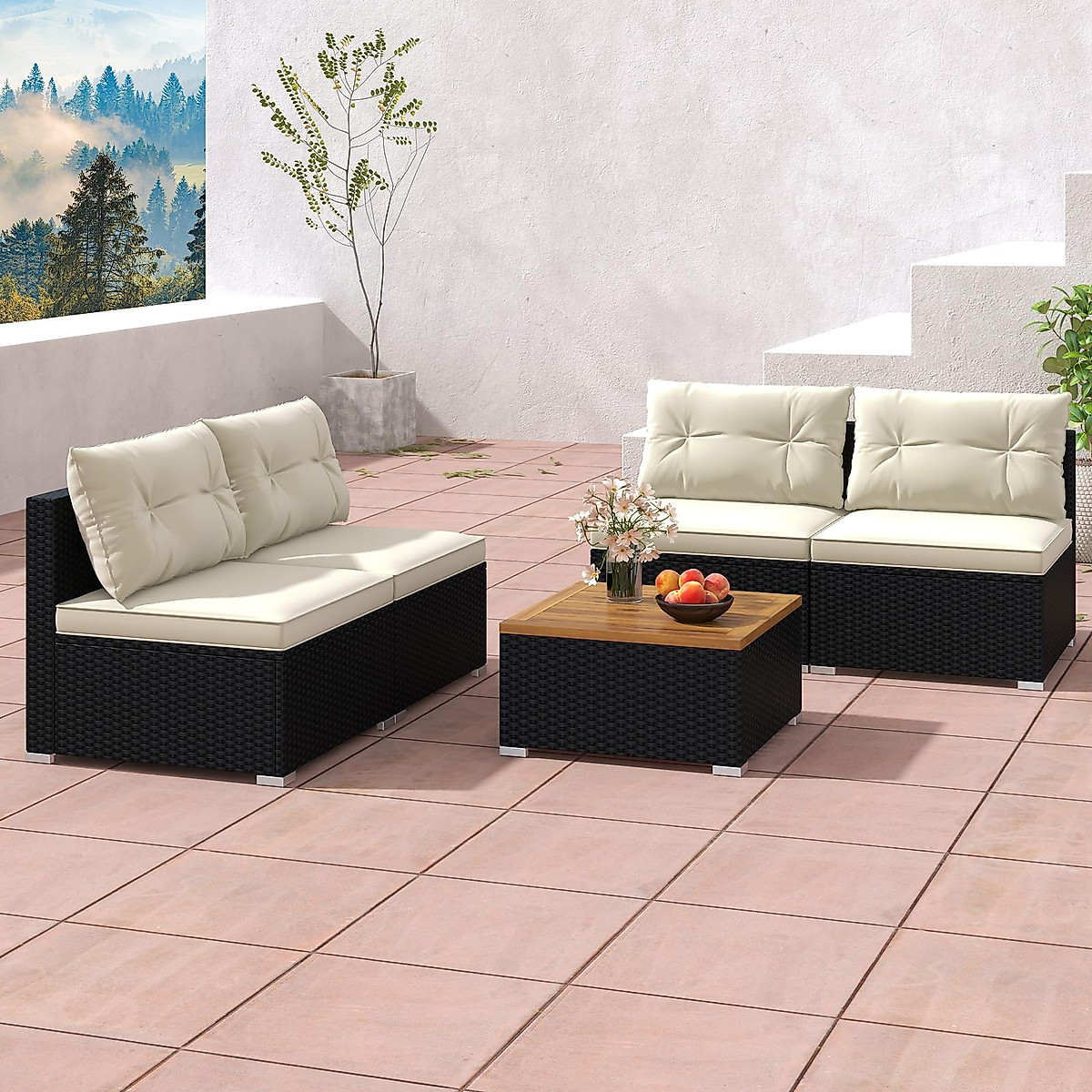 Tangkula 5 Piece Rattan Sofa Set, Patiojoy Outdoor Wicker Furniture Set with Seat & Back Cushions, Square Coffee Table, Patio Sectional Sofa Set for Backyard, Poolside, Garden