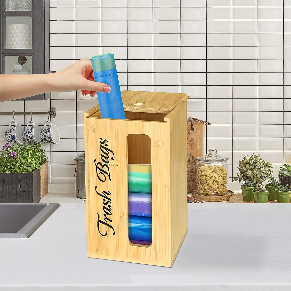 Trash Bag Holder for Kitchen Organizers and Storage, Bamboo Farmhouse Plastic Bag Holder Wall Mounted, Trash Bag Dispenser for Kitchen Countertop, Cabinet, Under Sink, Laundry Room Organization