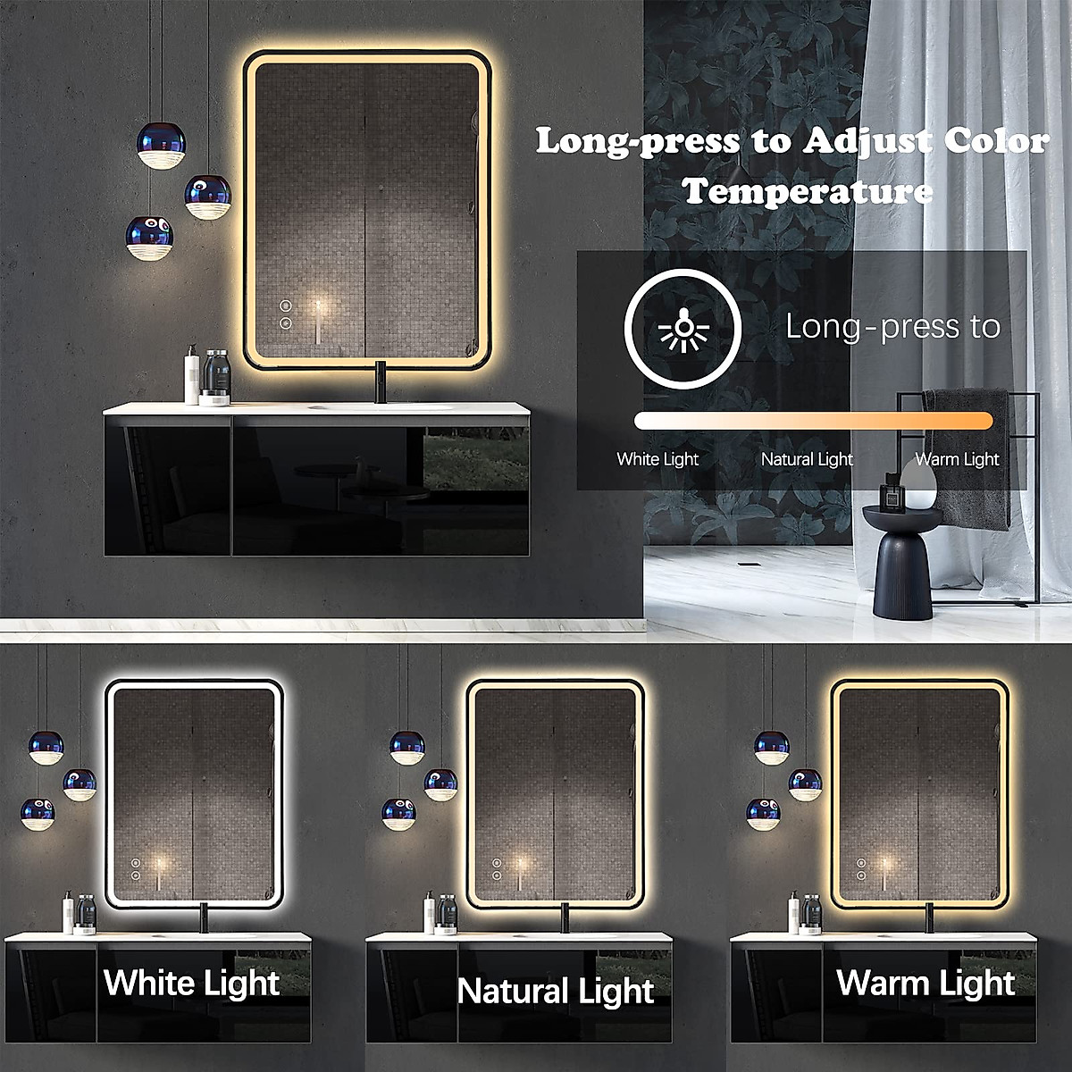 Niccy LED Bathroom Mirror, 30"x22" Rectangle Wall Mounted Vanity Mirrors with Metal Frame, Anti Fog Dimmable Smart Mirror for Bathroom/Bedroom/Livingroom/Entryway(Horizontal or Vertical),Black