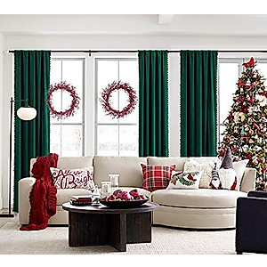 Green Blackout Curtains for Bedroom 84 inch Pom Pom Windows Drapes Cute Decorative Triple Weave Thermal Insulated Curtain Drapes for Nursery Room Studio Hotel 52" w x2 Panels Rod Pocket