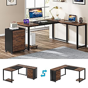 Tribesigns 63" L-Shaped Computer Desk with Mobile File Cabinet, Large Executive Office Desk with 3-Drawer Vertical Filing Cabinet, Business Furniture Sets for Home Office