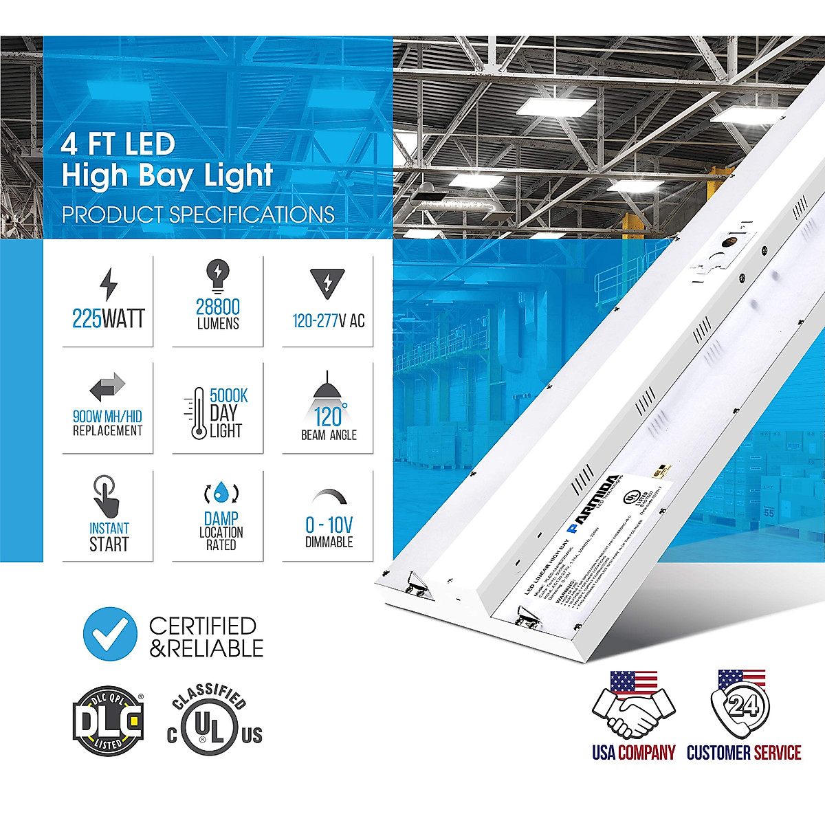 Parmida 4FT LED Linear High Bay Shop Light, 225W, 130LM/W, 0-10V Dimmable, Commercial Industrial Warehouse Area Lighting, 5000K, Hanging Chain Included, UL-Listed & DLC 4.2 Qualified