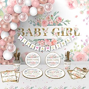 Baby Shower Decorations for Girl，242 PCS of Floral Girl Baby Shower Decorations Party Supplies with Background,Disposable Tableware（25 guests),"It's A Girl" Banner, Balloons Wreath and Tablecloth