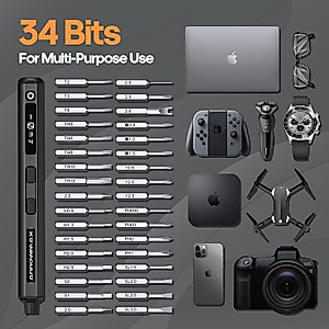 AM ARROWMAX Power Screwdriver, Cordless Mini electric screwdriver set, 34 Magnetic Precision Bits, 4 Gears Torque, Rechargeable Portable Repair Tool Kit for Electronics Laptop Glasses Watch (SES)