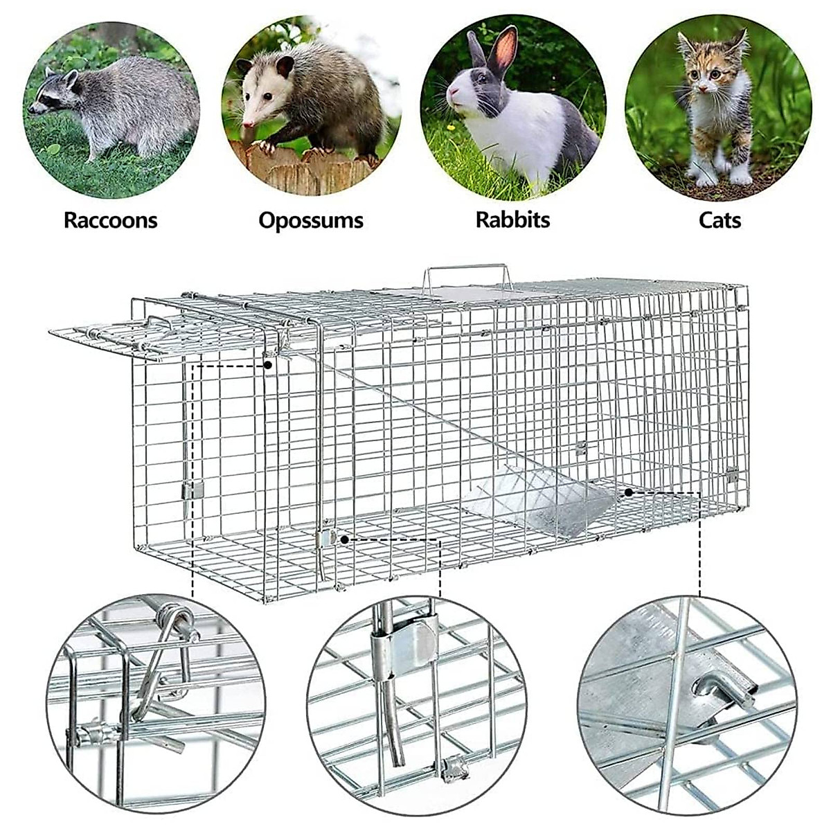 Humane Catch and Release Live Animal Trap Cage Cat Trap for Raccoons Groundhogs Mouse Squirrel Traps 24 Inch Steel Outdoor Small Animal Trap No-Kill Trapping Kit Collapsible & Easy to Use