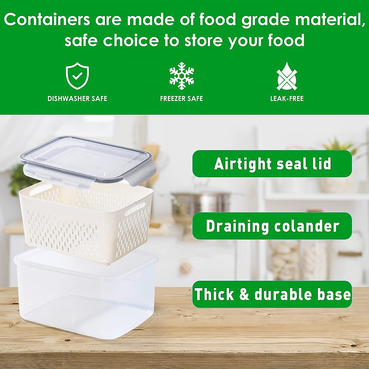 Pack of 3 Fruit Fresh Produce Protector, Grape Container for Fridge, Fruit Saver Lettuce Container with Drain Colanders, Partitioned Salad Container, Refrigerator Organizer for Lettuce Berry Food (3)