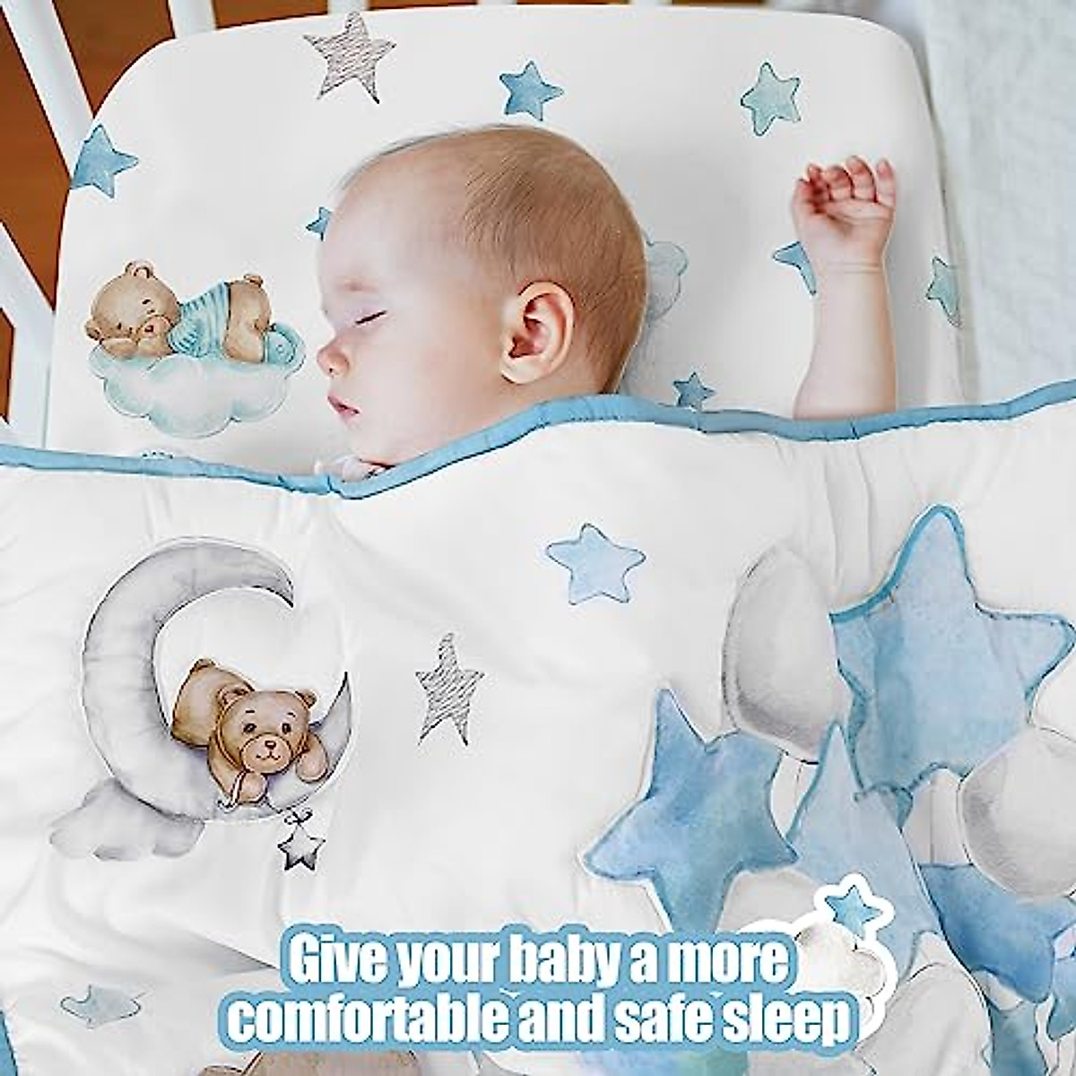 Mixweer 3 Pcs Cloud Balloon Bear Theme Crib Bedding Set for Boys Baby Nursery Mini Crib Bedding Set Comforter Sets Blue Gender Neutral Standard Size Crib Fitted Sheet, Comforter, Crib Skirt, for Girl