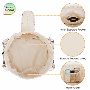 Barrel Drawstring Makeup Bag Large Cosmetic Bag Make up Bags Toiletry Organizer for Women (Beige Bird) (Patent Pending)