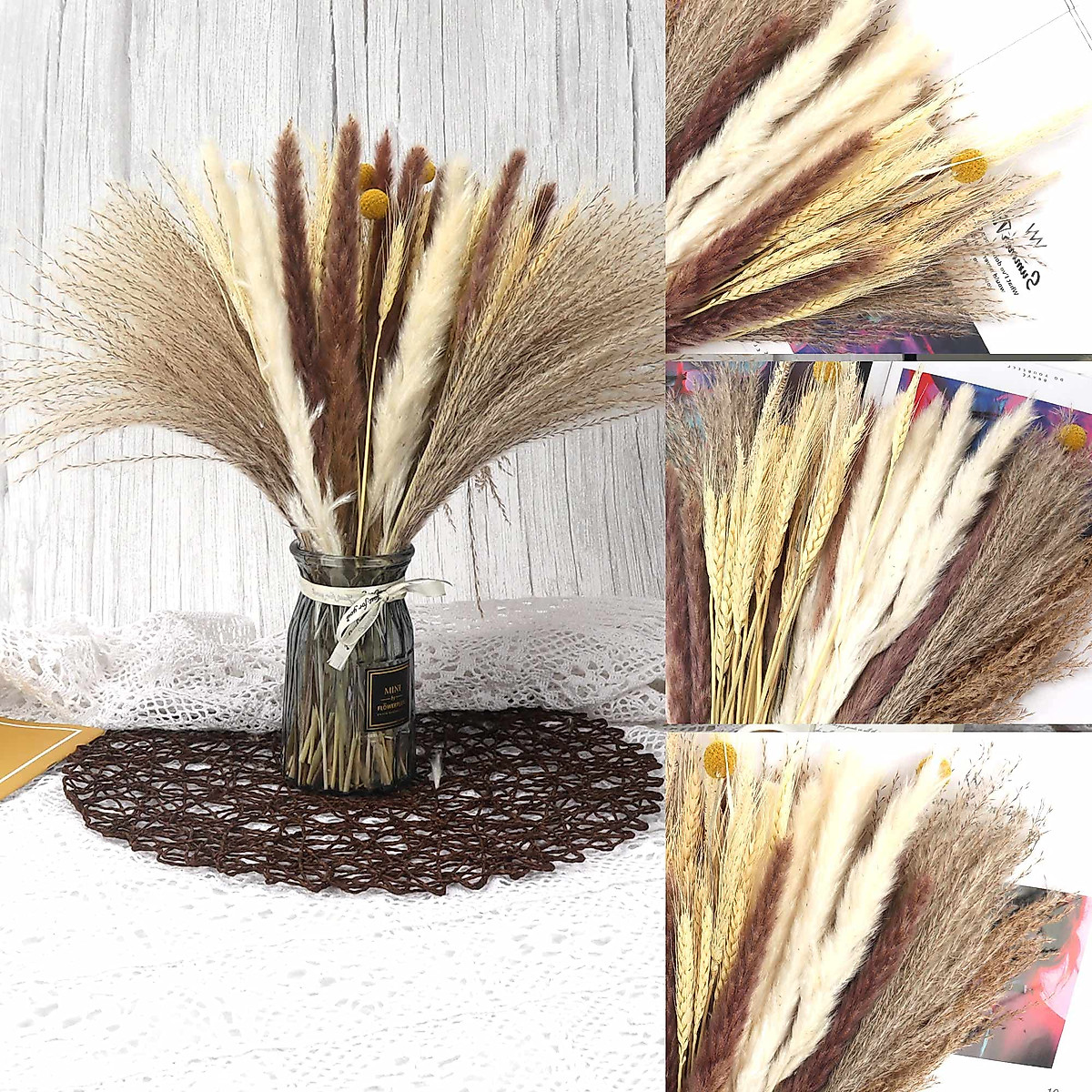 YUFFLYOW 65 pcs Natural Dried Pampas Grass,17In Pampas Grass Decor Tall Fluffy for Flower Arrangements Boho Home Decor,Pampas Grass Plants for Home Garden Wedding Party Decor, PG24