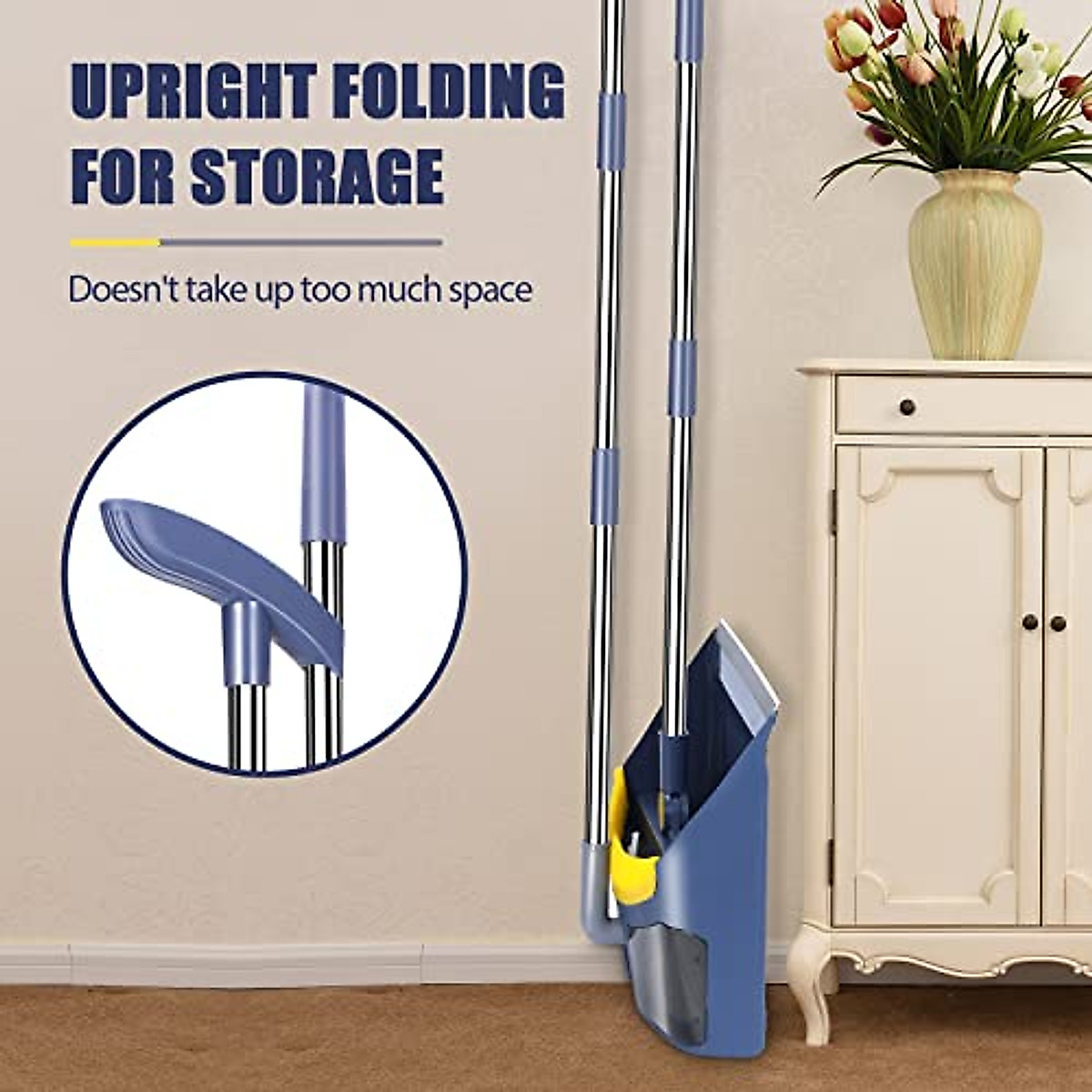 Broom and Dustpan Set for Home, Long Handle Broom with 180°Rotating Head Upright Large Dustpan with Comb Teeth, Easy Storage Floor Broom and Dustpan Combo for Home Kitchen Office Lobby